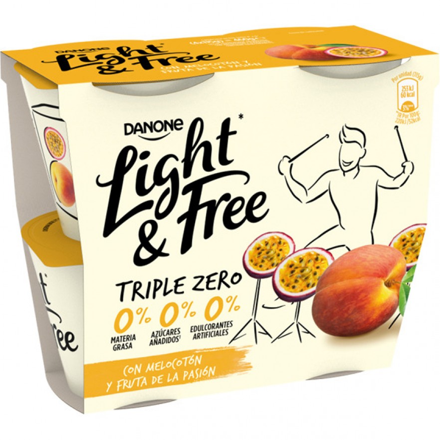 DANONE LIGHT&FREE Yogur desnatado con melocoton y fruta de la pasion pack 4