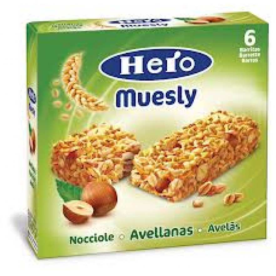 HERO MUESLY Barritas de cereales con avellana 6 unidades estuche 150 grs