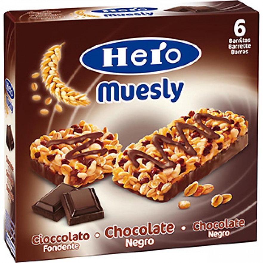 HERO MUESLY Barritas de cereales con chocolate negro 6 unidades estuche ...